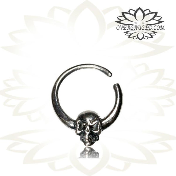 Single Sterling Silver Skull Septum Ring - Antiqued Skull Tribal Silve ...