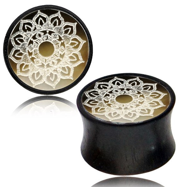 Pair of Organic Ebony Wood Ear Plugs, Carved Shell Mandala Wood Gauges ...